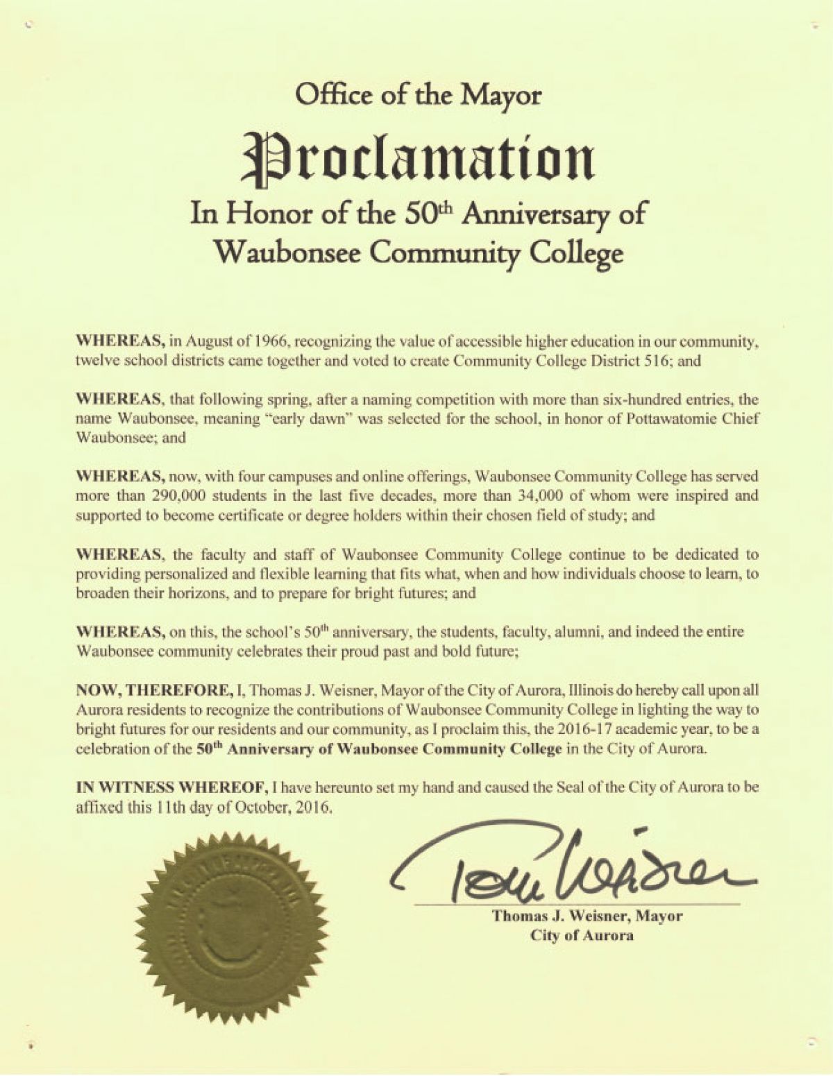 Proclamations & Congressional Records | Waubonsee Community College