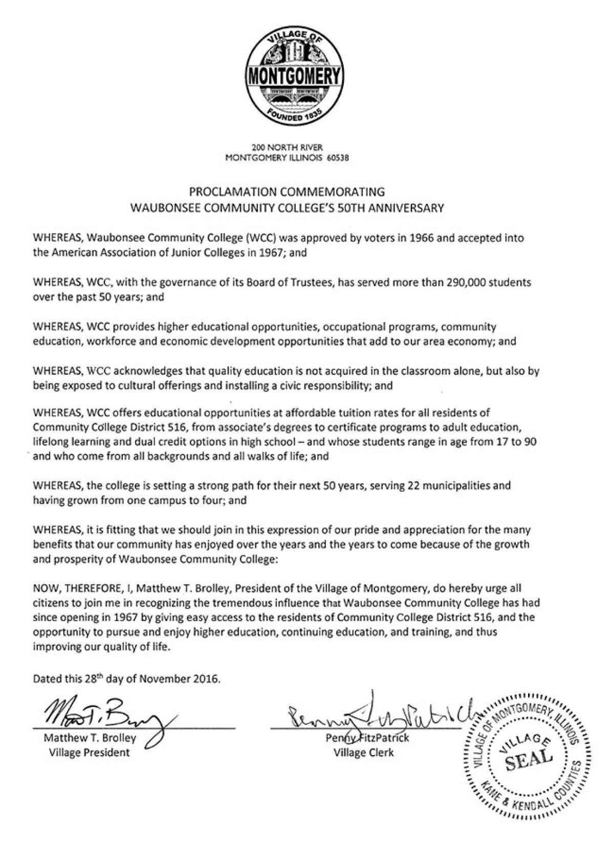 Proclamations & Congressional Records | Waubonsee Community College